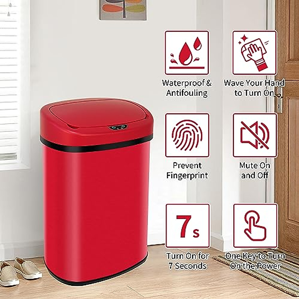BLKMTY 13-Gallon Stainless Steel Trash Can with Lid, Red, 50L