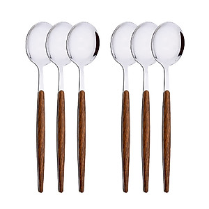 Uniturcky 6-Piece Dinner Spoons Set, Food Grade Stainless Steel Spoons for Home Hotel Restaurant, Silver Mirror Polished, Faux Wooden Clip Handle Design, 8.0inch Durable Spoons Set, Dishwasher Safe