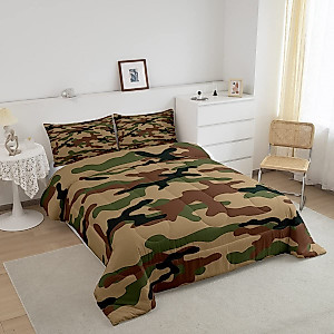 Feelyou Army Camouflage Bedding Bed Set Camo Comforter Set for Kids Boys Girls Colorful Art Decor Comforter Brown Green Quilt Collection 3Pcs King Size Boys