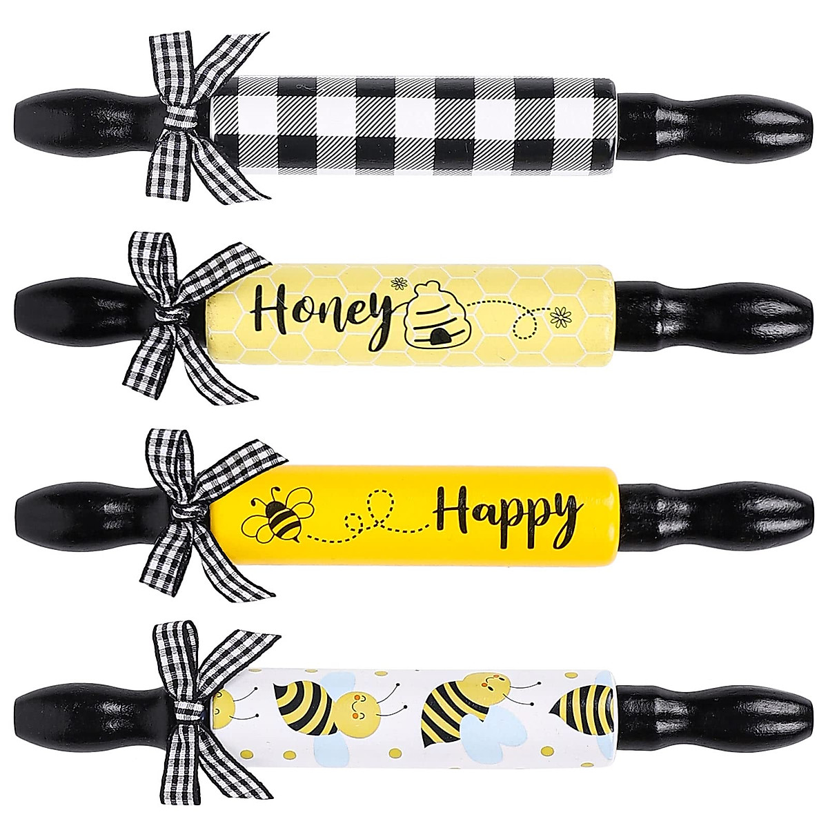 Whaline 4Pcs Honey Bee Mini Rolling Pins Bee Tiered Tray Decor with Bow Black Yellow Home Kitchen Wooden Farmhouse Bee Happy Decoration Table Centerpiece for Shelf Mantelpiece
