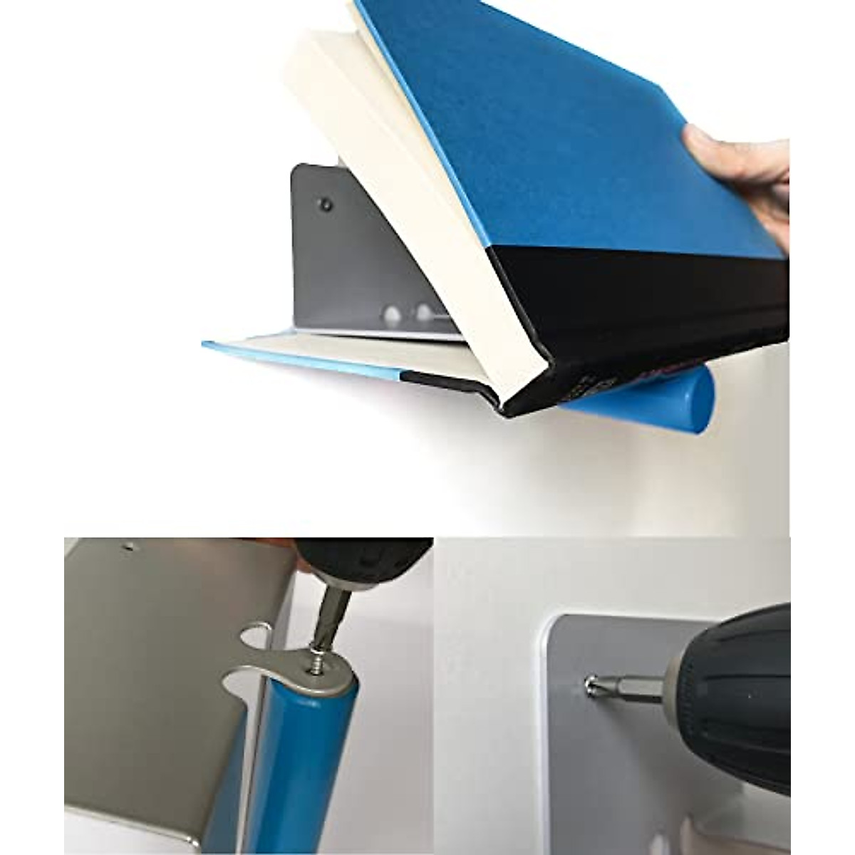 Uqayu Invisible Floating Bookshelf with Decorative Wooden Rod, Heavy Duty Wall Mounted Metal Book Organizer Shelf, for Home, Office, Study, Livingroom, Bedroom, Library (1, Blue)