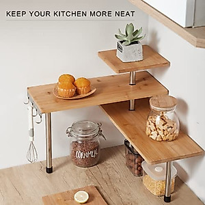 HOMBOUR Corner Shelf Kitchen Countertop Organizer, 3 Tier Bamboo Spice Rack Over Sink Storage with Hooks, Display Shelves Desktop Space Saver for Kitchen, Bathroom, Living Room, Office