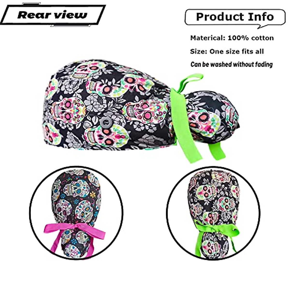 YUESUO 2 Pack Working Cap with Buttons and Sweatband,Cotton Working Hats with Adjustable Ponytail Pack Ribbon Tie Back Hats for Women & Men,Long Hair Head Covers Shower Caps (Q)