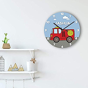 12 inch Personalized Fire Truck Kids Wall Clock, Kids Wall Clock with Name, Educational Clock, Silent Movement Non Ticking Quartz Wall Clocks, Kids Birthday Gift, Children Room Decor