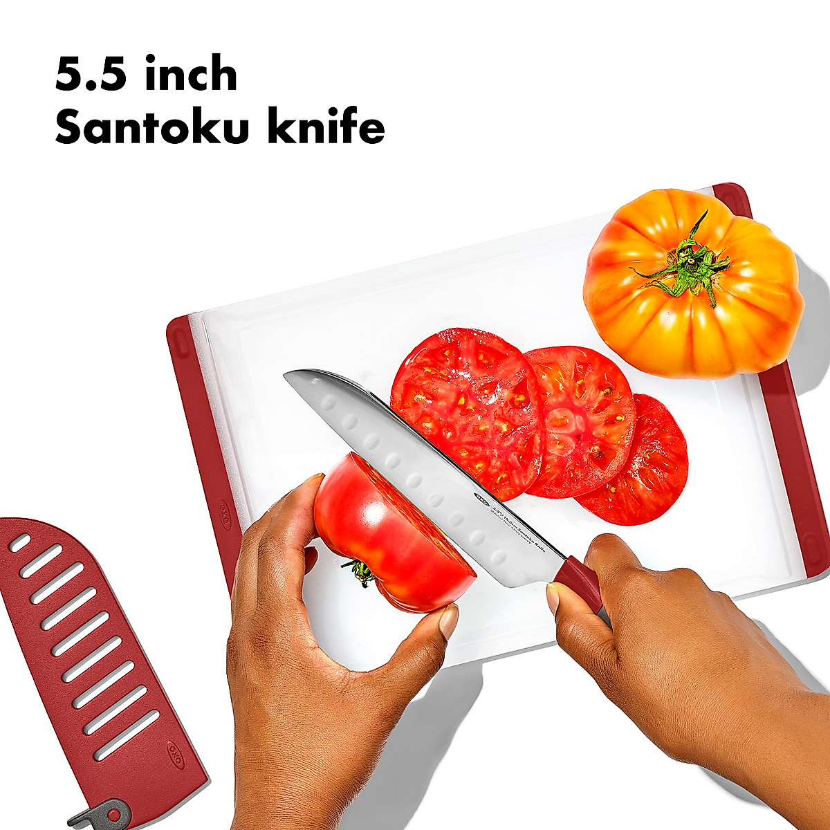 OXO Outdoor 5.5in/14cm Santoku Knife with Locking Sheath,Gray/Red