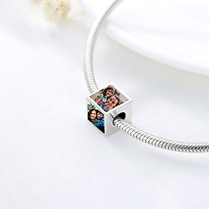 LONAGO Personalized Four-Sided Photo Charm 925 Sterling Silver Customized Bead Holds 4 Images Pictures Fit Snake Bracelet for Women