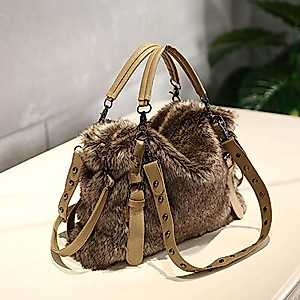 QTMY Brown Faux Fur Tote Crossbody Bag Purse Handbag for Women