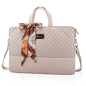 Laptop Bag for Women 15.6-Inch Carrying - Computer Bag Laptop Case Shoulder Slim Work Travel PU Leather (Khaki)