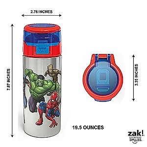 Zak Designs Marvel Comics Durable Single Wall Stainless Steel Water Bottle with Push-Button Flip Lid Leak-Proof Design is Perfect for Outdoor Sports (19.5oz, BPA Free), 19.5 oz, Avengers