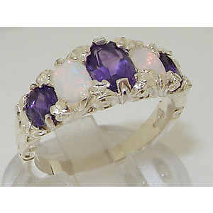 LetsBuyGold 925 Sterling Silver Real Genuine Amethyst and Opal Womens Band Ring - Size 11