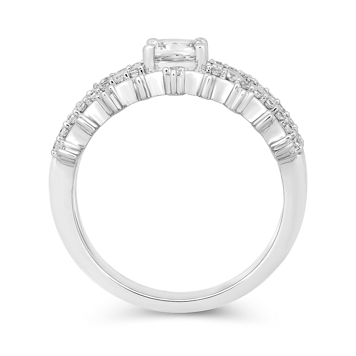 Jewelili Enchanted Disney Fine Jewelry Sterling Silver 5x5 MM Cushion Shape White Topaz and 1/3 Cttw Natural White Round Diamond Majestic Princess Engagement Ring, Size 8