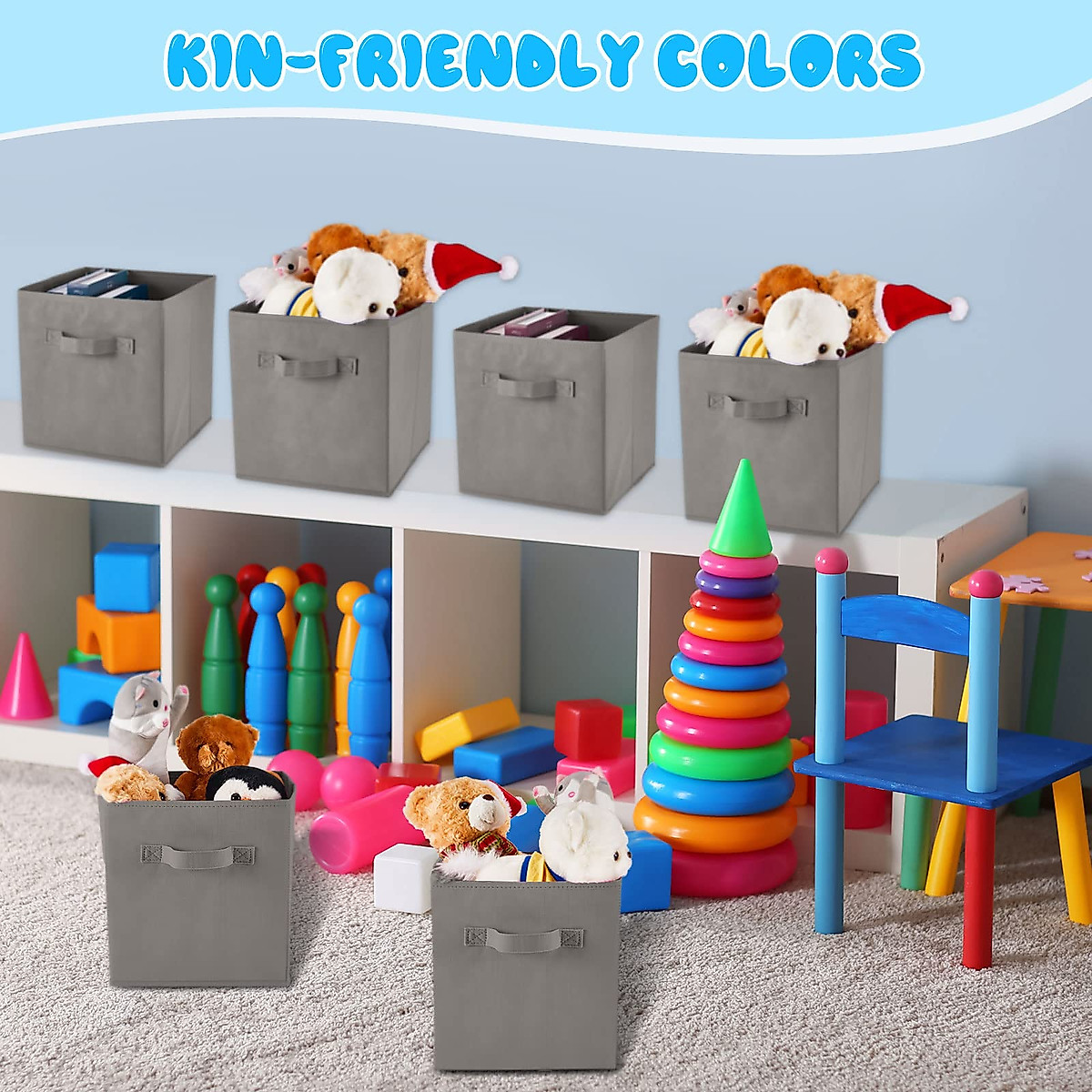 12 Pcs Cube Storage Bin 11'' Collapsible Storage Cubes Foldable Cube Storage Organizer Bins Fabric Bins Storage Basket Fabric Cubby Boxes for Shelf Closet (Gray)