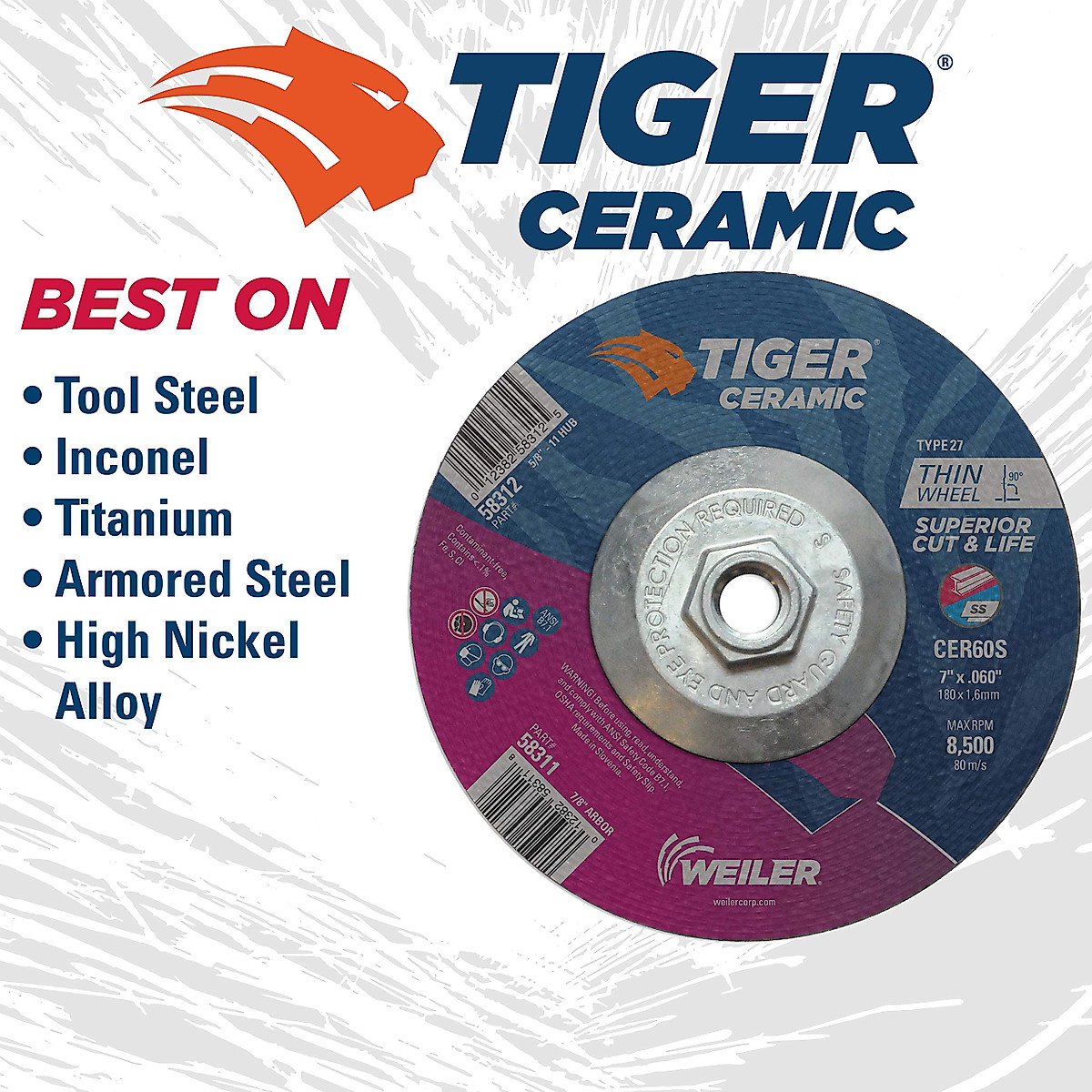 Weiler 58312 7 Inch Cutting Wheel, Tiger Ceramic Stainless Steel Superior Life & Cut Contaminant Free Max Performance Cutting, .060" CER60S Type 27 5/8"-11 Hub, Pack of 10