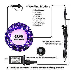Joomer Purple Halloween Lights, 66ft 200 LED Halloween Light Plug In Timer Indoor Outdoor Fairy Twinkle Tree Light Waterproof 8 Modes for Home Halloween Decorations