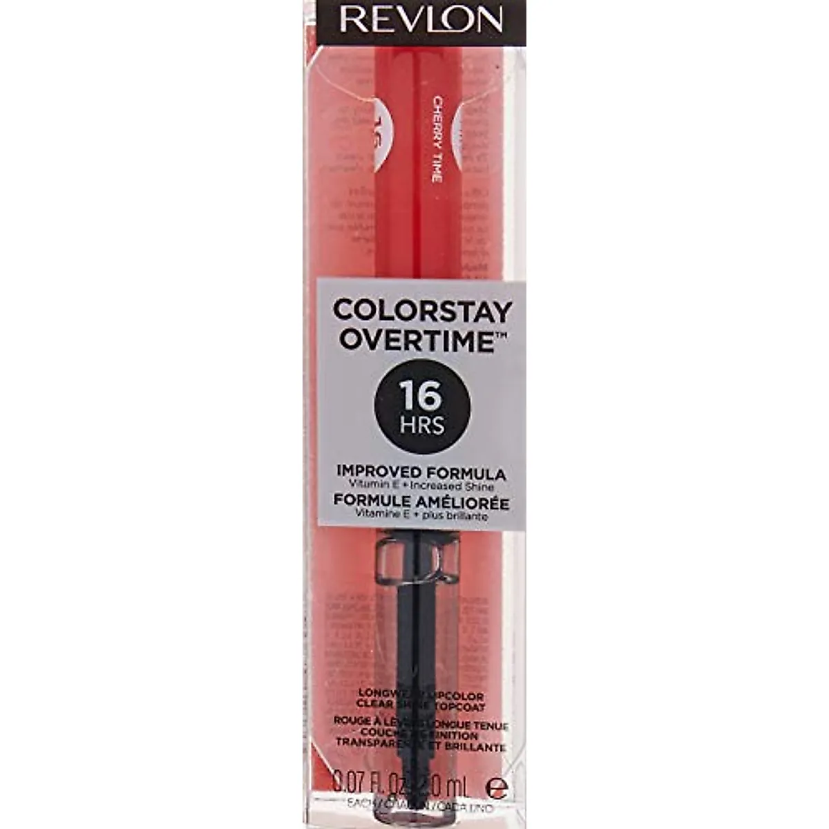 Revlon Liquid Lipstick with Clear Lip Gloss, ColorStay Face Makeup, Overtime Lipcolor, Dual Ended with Vitamin E in Red/ Coral, Cherry Time (580), 0.07 Oz