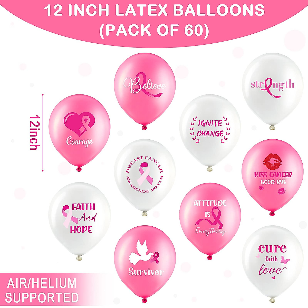 60 Pieces Breast Cancer Awareness Balloons Pink Ribbon Latex Balloons Round Party Printed Balloons with 2 Rolls Pink or White Ribbons for Pink Ribbon Party Decoration Supplies, 12 Inch, 10 Designs