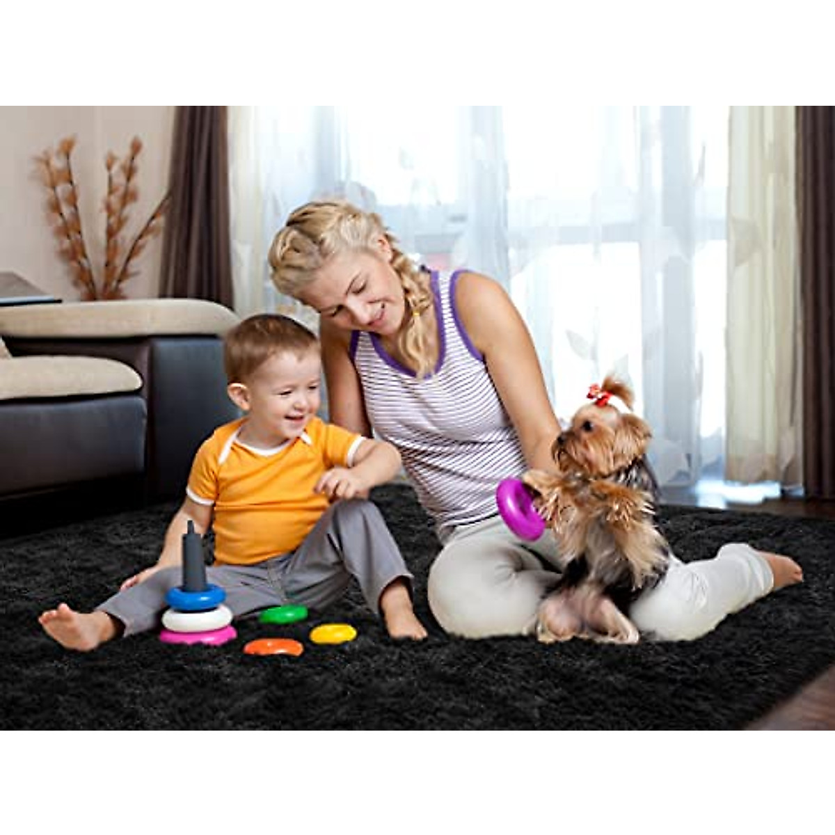 Fulie Ultra Soft Shag Area Rugs for Bedroom, Black Fluffy Modern Plush Rugs for Living Room Kids Girls Dorm Room Floor Carpets, Fuzzy Rugs for Nursery Bedside Home Decor, 3x5 Feet