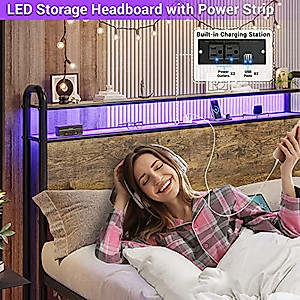 DICTAC Queen Bed Frame with Storage Headboard and Charging Station Led Bed Frame Queen Size with Headboard Storage,Metal Platform Bed Frame with LED Lights,No Box Spring Needed,Rustic Brown