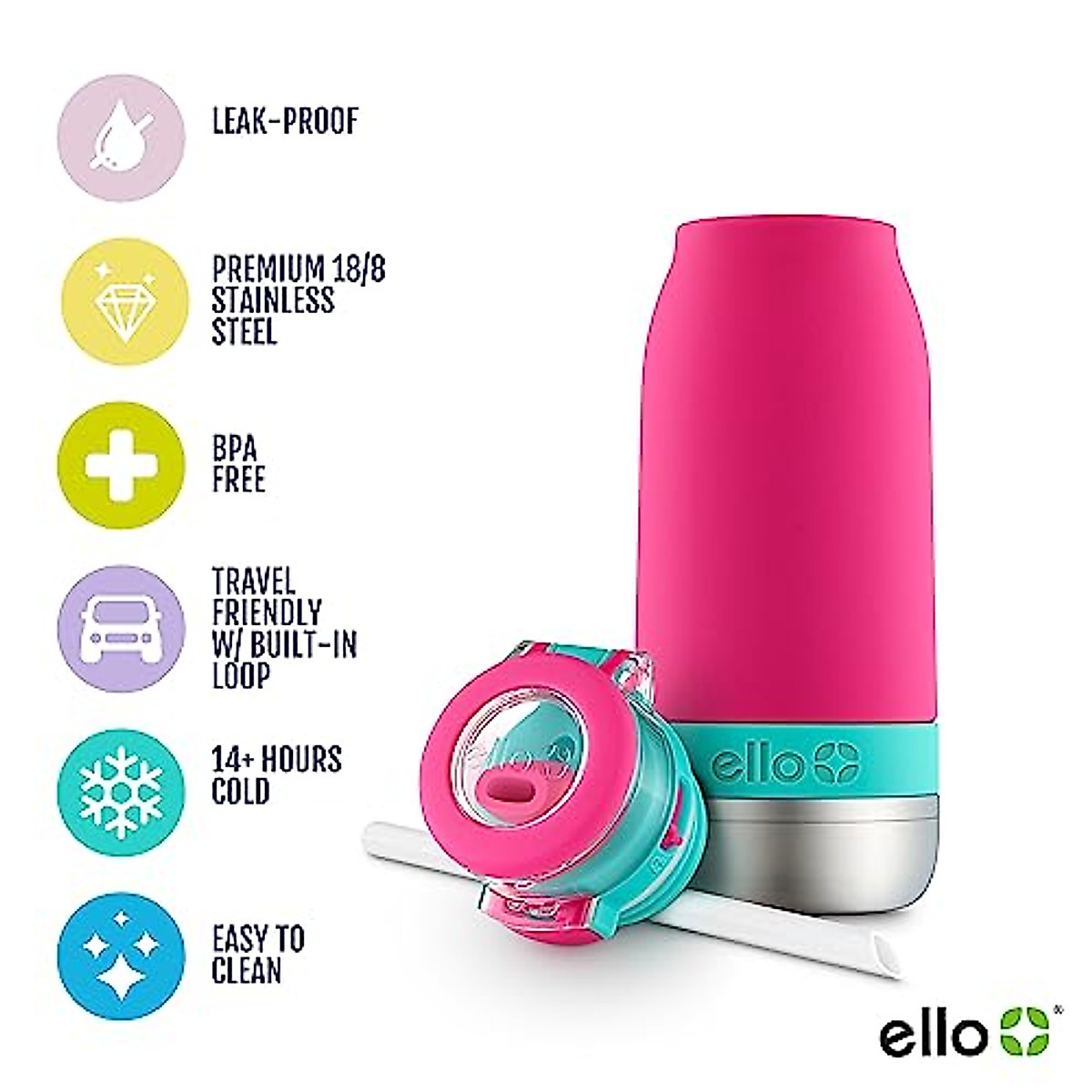 Ello Emma Vacuum Insulated Stainless Steel Water Bottle with Locking Leak Proof Lid and Soft Straw, BPA Free, Tropical Pink, 14oz