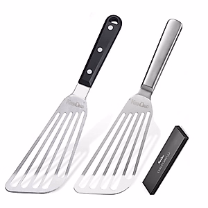 KSENDALO 11.80Inch Stainless Steel Slotted Spatula Turner - Flexible and Angled Flipper for Easy Frying, Serving, and Flipping Eggs, Fish, Pancakes, and Omelettes