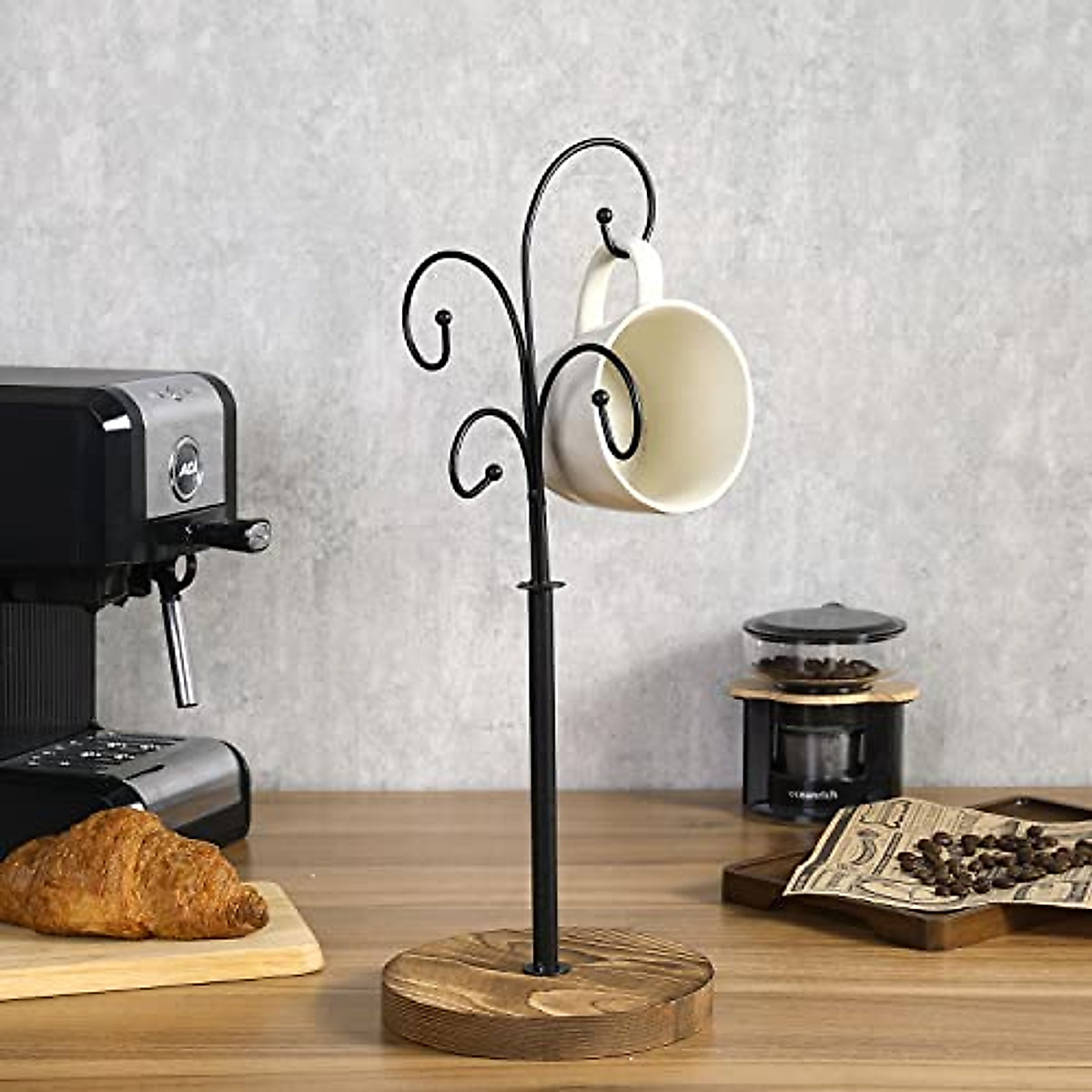 MyGift Black Metal Coffee Mug Holder for Counter, Mug Tree Stand with 4 Curved Hook Arms and Brown Wood Base