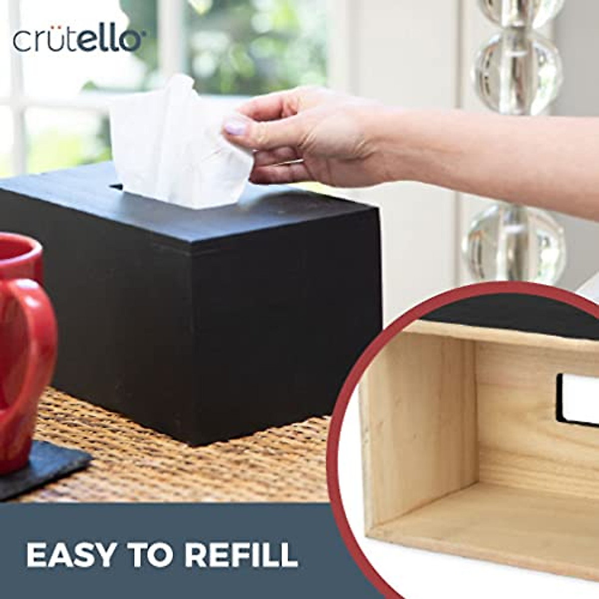 Crutello Rustic Farmhouse Tissue Box Cover - Wooden Black Rectangular Tissue Holder Easy to Refill - 5” x 9“