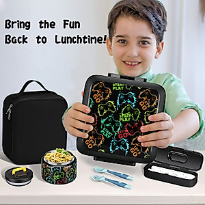 JXXM Bento Lunch Box for Kids With 8oz Soup thermo,Leak-proof Lunch Containers with 5 Compartment,thermo Food Jar and Lunch Bag, Food Containers for School (A-Black(Game Consoley))