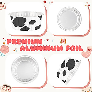 Uiifan 100 Pcs Aluminium Foil Baking Cups with Lids 5oz Cupcake Liners Disposable Ramekin Baking Cups Muffin Tins Cow Print Mini Pie Pans Cake Wrappers Containers with Spoon for Birthday Wedding Party