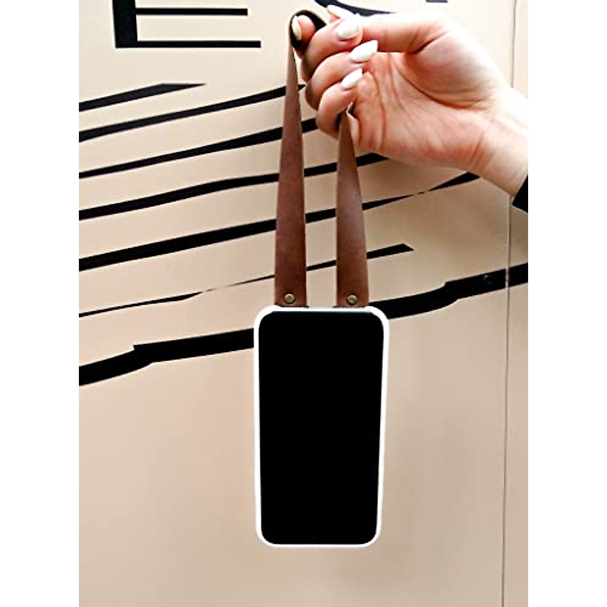 The Clutch Strap Mini Adhesive Phone Carrying Strap with Brown Leather and Brass Hardware, 15-Inches