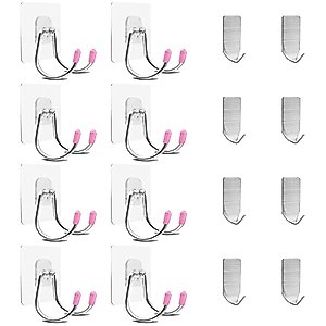 16 Pieces Self Adhesive Wall Hooks, FineGood 8 Transparent Dual Heavy Duty Hooks and 8 Stainless Steel Seamless Hooks, for Kitchen Bathroom Waterproof Self Adhesive Wall Hooks