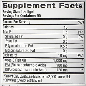 Natrol, Omega-3 Purified Fish Oil Softgels, Heart Health Dietary Supplement, 1000 mg, 90 Count