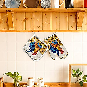 Oven Mitts Set Non-Slip Kitchen Gloves with Potholders Farm Country Rooster And Sunflower On Yellow Buffalo Plaid Super Insulated Mitt Set for Baking,Grilling,BBQ 2Pcs