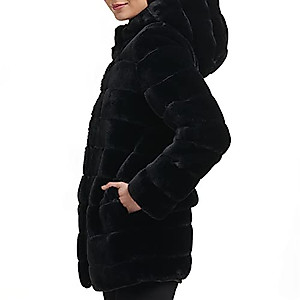 Kenneth Cole Women's Classic Style Faux Fur Coat, Hooded Mink Black, Large