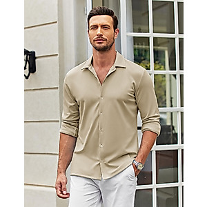 COOFANDY Mens Casual Button Up Shirts Slim Fit Long Sleeve Wrinkle Free Shirts Khaki