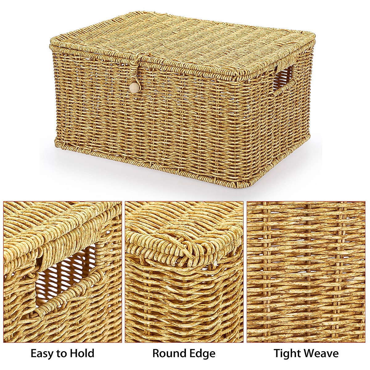 Hipiw Resin Woven Baskets Bin with Lid & Handle - Set of 3 Rectangular Shelf Baskets Multipurpose Storage Basket Boxes Home Decorative Container for Closet Shelf Organizing, Large Size