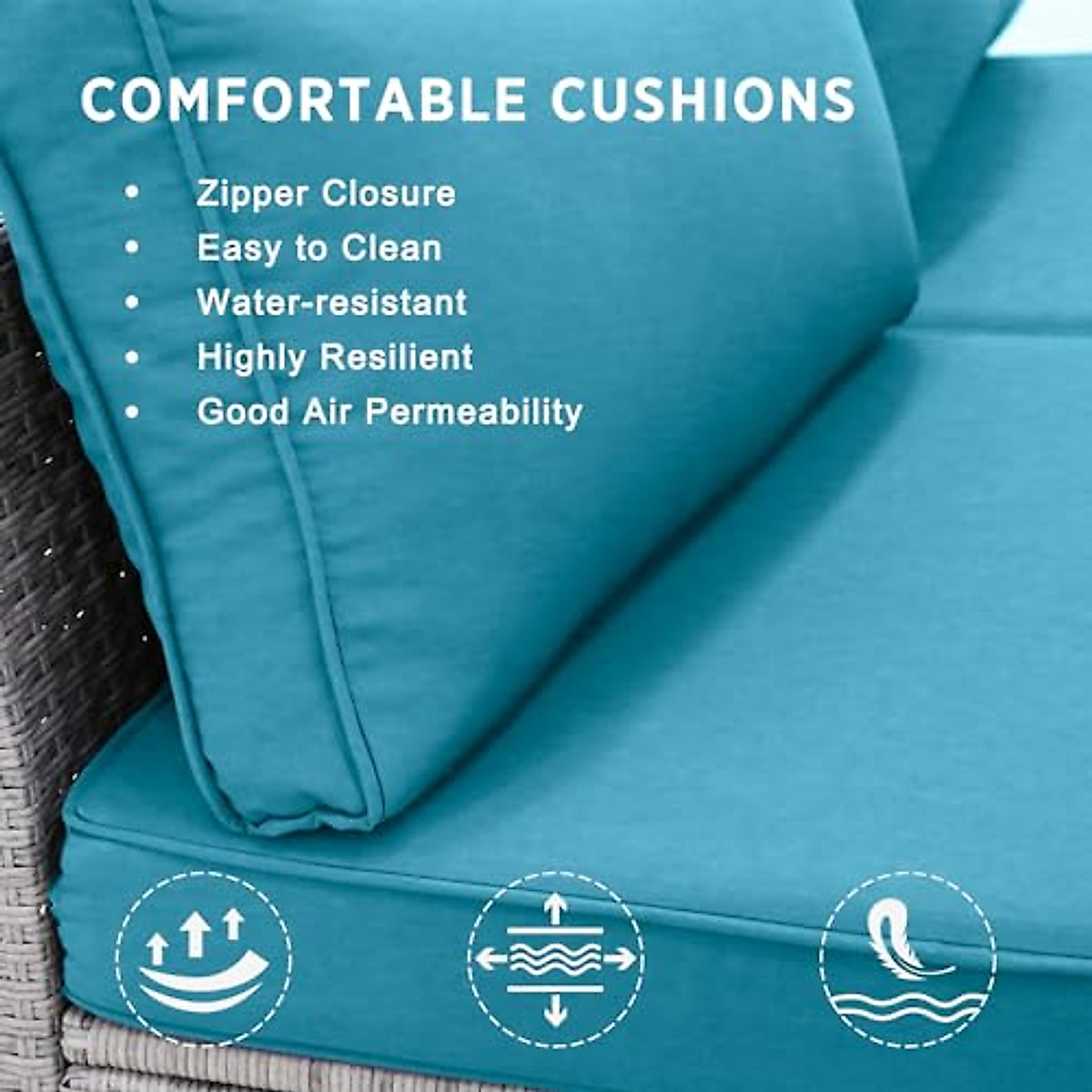 EAGLE PEAK 9 Piece Outdoor Wicker Patio Furniture Set with Fire Table, PE Rattan Sectional Conversation Sofa Set with Seating for 8 People, Light Blue