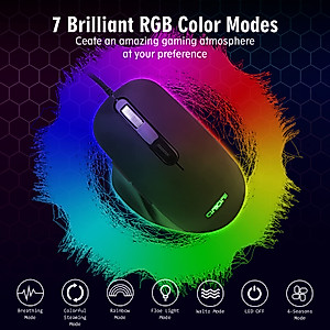 Gaming Mouse Wired, 6 Programmable Buttons, 7 Mode RGB Backlit, 200-7200 DPI Adjustable, High-Performance Gaming Mouse PC Laptop Mac Computer Gaming Mice, Black