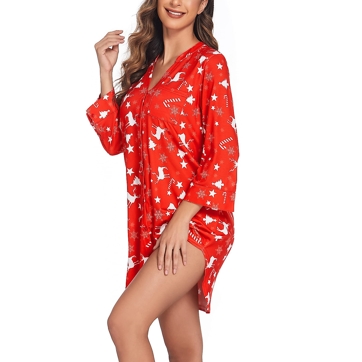 Ekouaer Women's Soft Nightgowns V Neck Button Down Warm Pajamas Dress Christmas Sleep Shirts