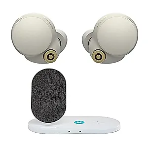 Sony WF-1000XM4 True Wireless Noise Canceling in-Ear Headphones (Silver) with Kratos Power Dual Pad Wireless Charger Bundle (2 Items)