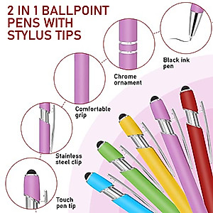 TIESOME5 Pieces Ballpoint Pen with Stylus Tip, Retractable 2 in 1 Stylus Pens Stylish Pen with 10 Refills, Metal Stylus Pen for Touch Screens, 1.0 mm Black Ink Ball Point Pens (Multicolor)