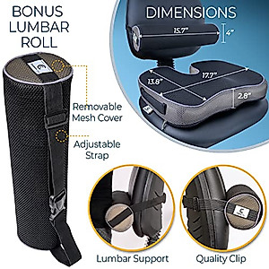 2pc Ergonomic Seat Cushion Lumbar Roll Combo for Chair - Pain and Pressure Relief for Lower Back, Sciatica, Coccyx, Butt, Tailbone - Memory Foam Posture Support Pillow for Office Desk, Car, Wheelchair
