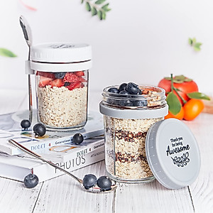 Kucoele Overnight Oats Jars with Lids and Spoons, 2 Pack 12 oz Glass Mason Jars Oatmeal Containers with Measurement Marks for Cereal, Milk, Vegetable and Fruit Salad (Grey+White)