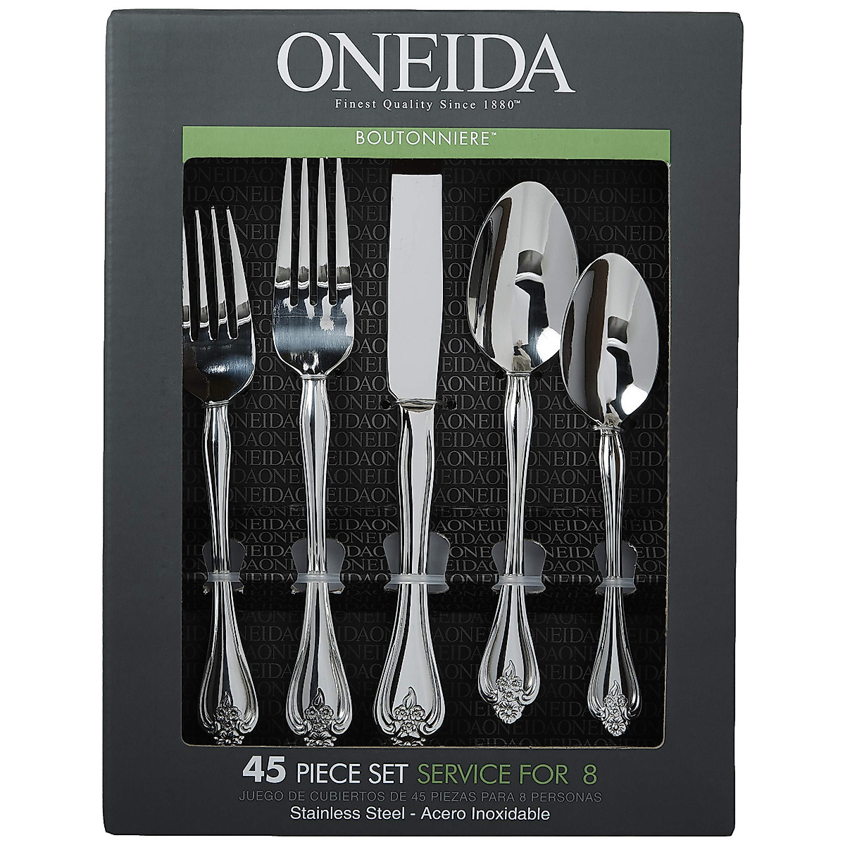 Oneida Boutonniere 45 Piece Everday Flatware, Service for 8, 18/0 Stainless Steel. Silverware Set, Dishwasher Safe, Multi