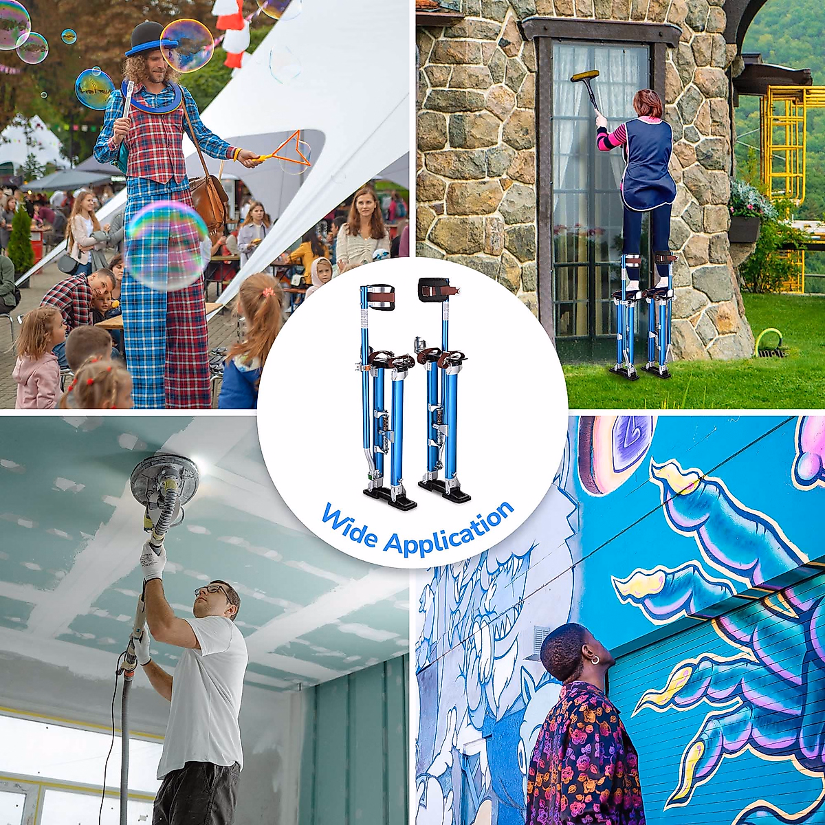 WeChef 24" - 40" Drywall Stilts Height Adjustable Lifts Aluminum Tool Non slip for Cleaning Painting Pruning Branches Blue