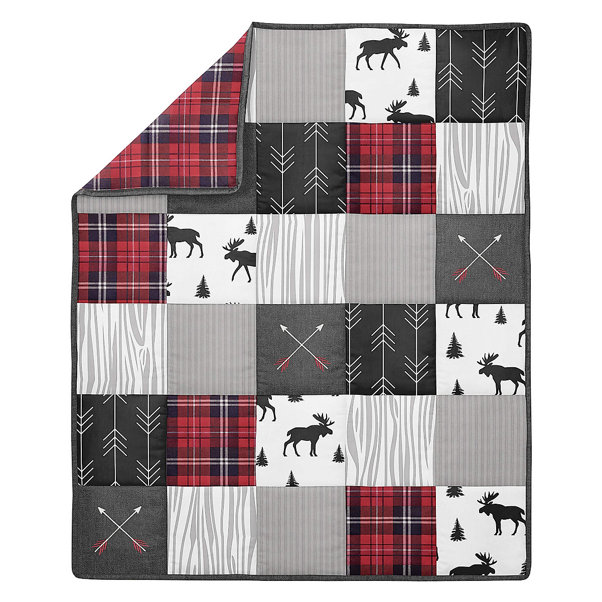 Sweet Jojo Designs Grey, Black and Red Woodland Plaid and Arrow Rustic Patch Baby Boy Crib Bedding Set 4 pieces - Flannel Moose Gray