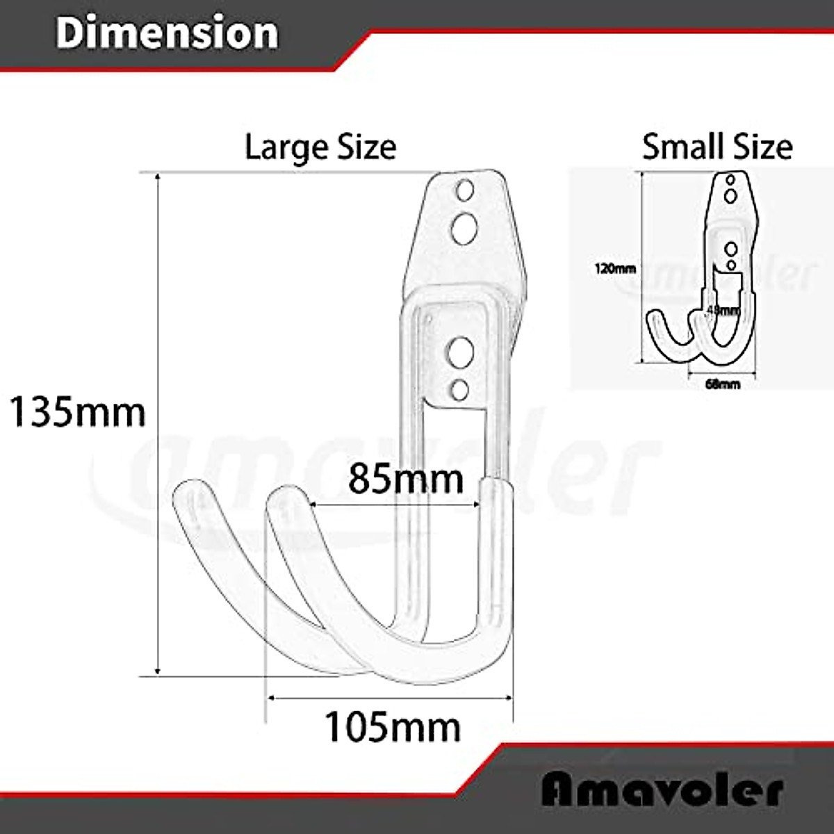 amavoler Wall Mount Helmet Hook Holder Black,2 Large Double Iron Curved Hook Tools with Mounting Screws. A Good Home for Harley, Honda, Kawasaki, etc Helmet (Large Hook x2)