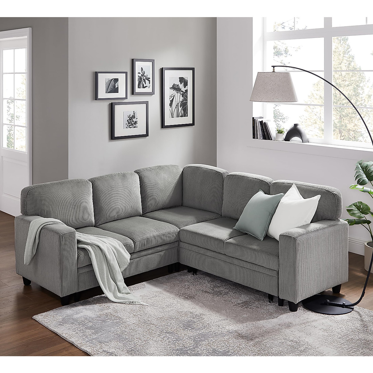 RedLemon 80'' Sectional Sleeper Sofa with Pull Out Couch Bed,L Shaped Couch with Storage Chaise & USB Charging Port, Convertible Comfy Sofa Couch for Living Room, Apartment, Corduroy, Light Grey