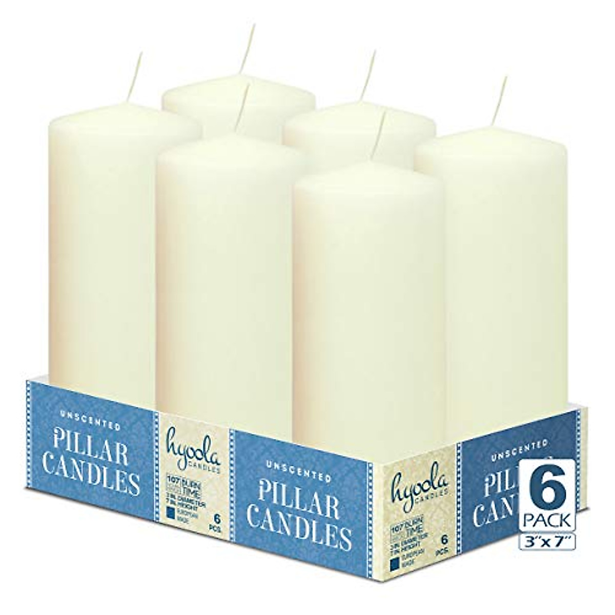 Hyoola Ivory Pillar Candles 3x7 Inch - Unscented Pillar Candles - 6-Pack - European Made