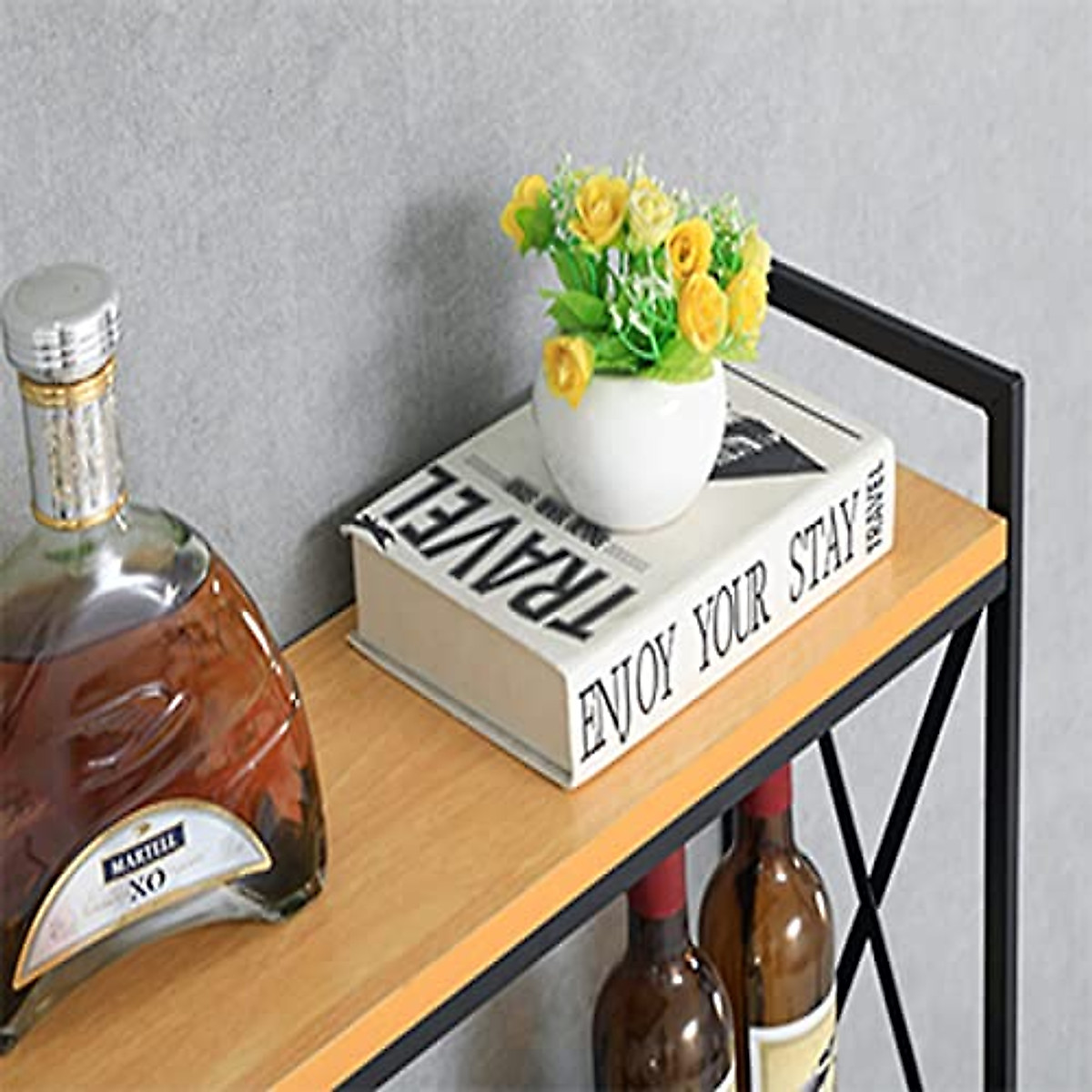 Fhesap Industrial Wine Rack Wall Mounted, Wall Wine Rack, Hanging Wine Rack, Wall Wine Racks for Wine Bottles, Wine Rack with Glass Holder, Metal Bar Rack, 2 Tier Wood Rack with 5 Goblet Holders