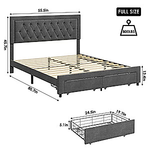 Full Bed Frame with 2 Storage Drawers, Fabric Upholstered Platform Bed Frame with Deep-set Pattern Button Tufted Headboard, Sturdy Wood Slats Support Mattress Foundation, No Box Spring Needed, Grey